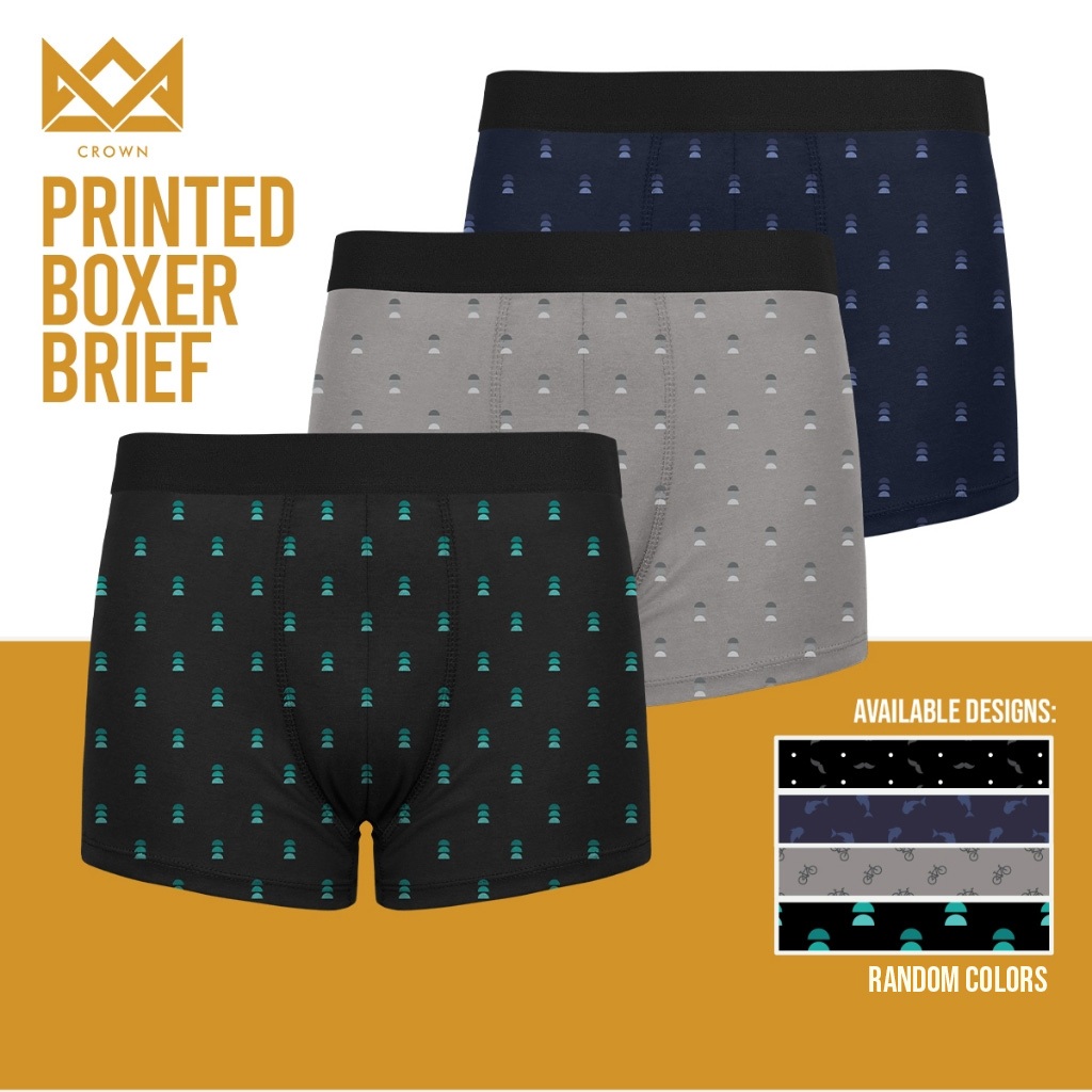 Crown Printed Boxer Brief for Men Set of 3 Random Colors Garterized ...