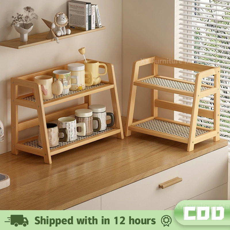 Desktop Rattan Double-Layer Storage Rack Wooden table frame Multi ...