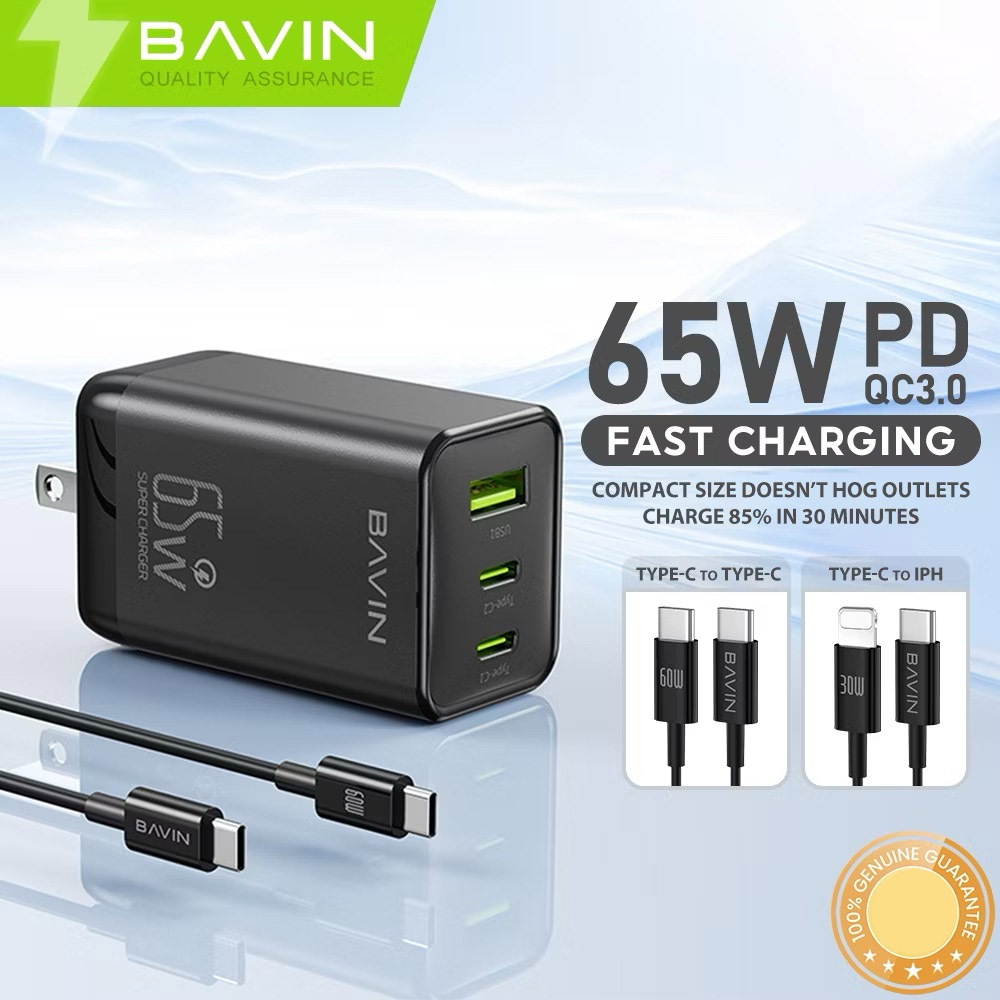 BAVIN PC2065 65W PD+QC Fast Charger w/ Type-C+USB Ports & Cable Set for ...