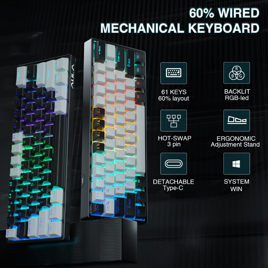 AULA F3261 Hot-Swappable 61 Keys RGB Backlit Detachable Type-C Wired ...