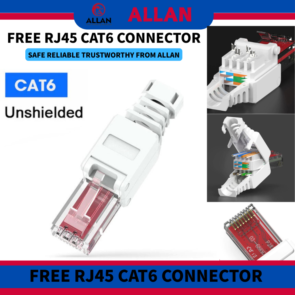 ALLAN Free RJ45 CAT6 Connector Ethernet Plugs 23AWG to 26AWG Cable ...