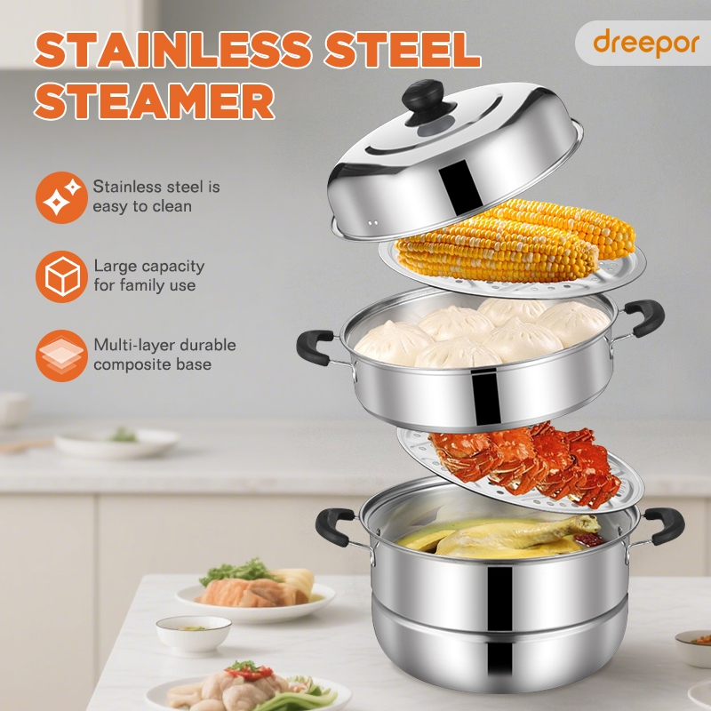 Dreepor Stainless Steel Steamer Cookware Multi-functional 3 Layers ...