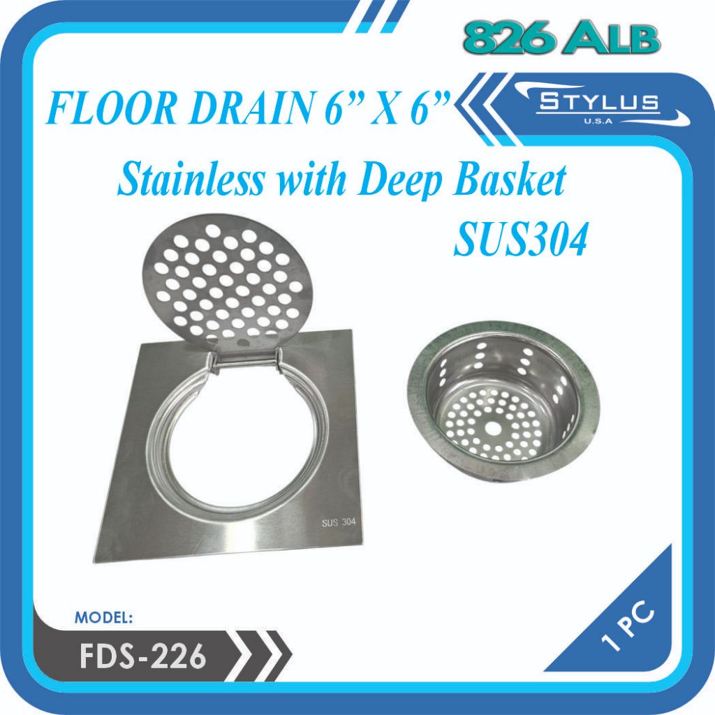 Floor Drain with Deep Basket 6" x 6" x 1.5mm SUS304 Satin Stainless FDS ...