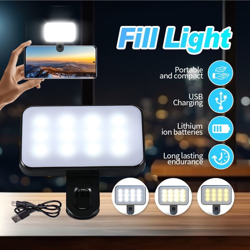 Mini Selfie Fill Light Rechargeable 3 Modes Adjustable Clip On Mobile ...