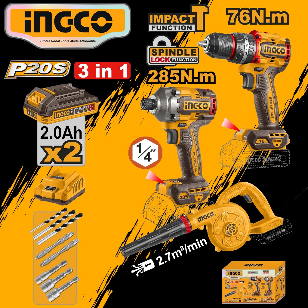 Ingco by Winland P20S/20V 3PCS Combo Kit w/ Li-Ion Compact Brushless ...