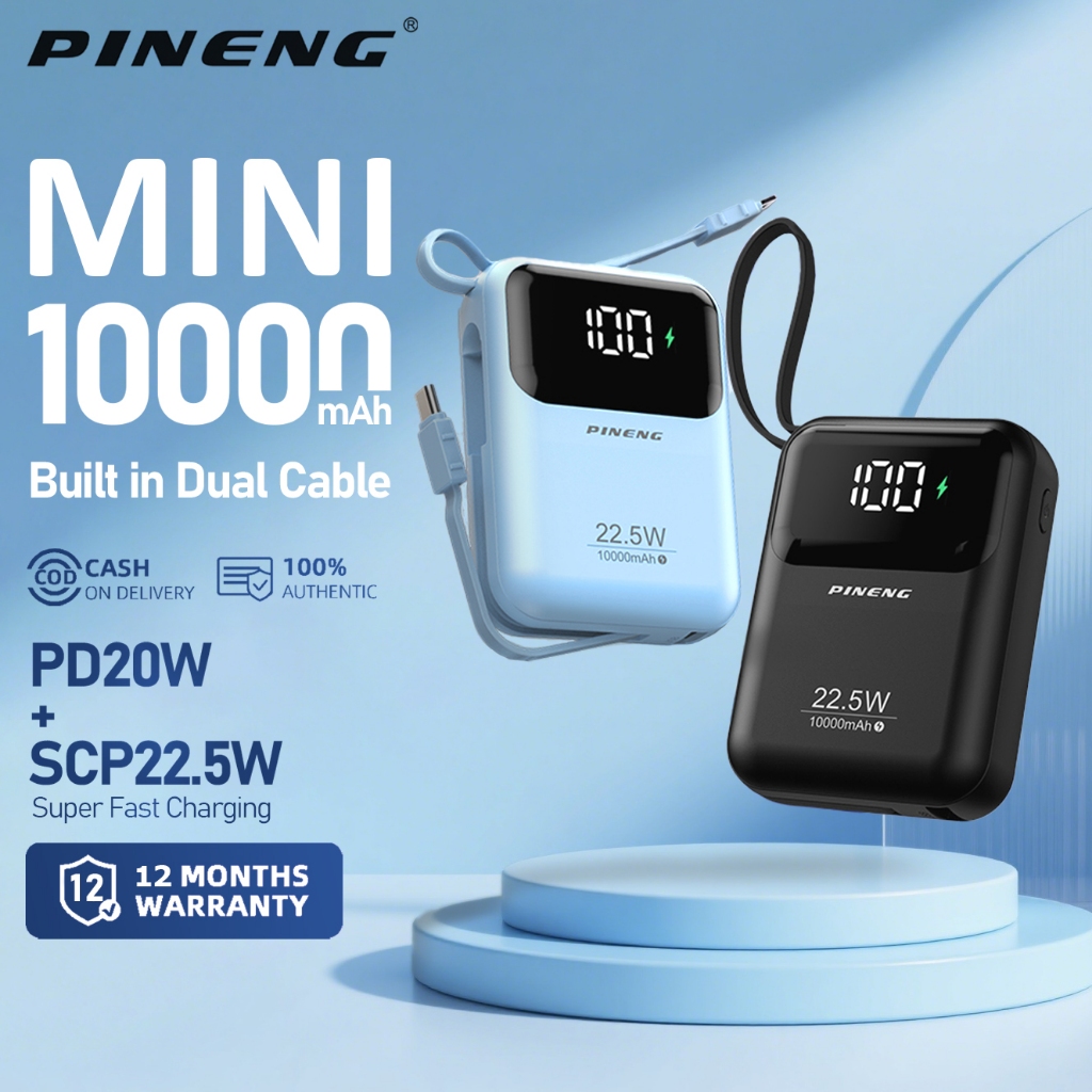 PINENG PN710 10000mAh Mini Powerbank Built In 2 Cable 22.5W Fast Charge ...