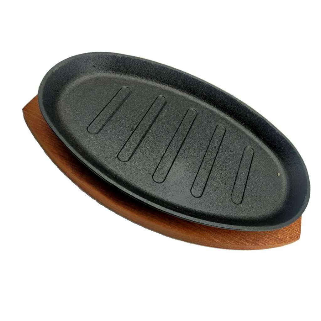 SIZZLING PLATE W/WOODEN BASE NON-STICK Grill Steak Plate Cookware 8inch ...