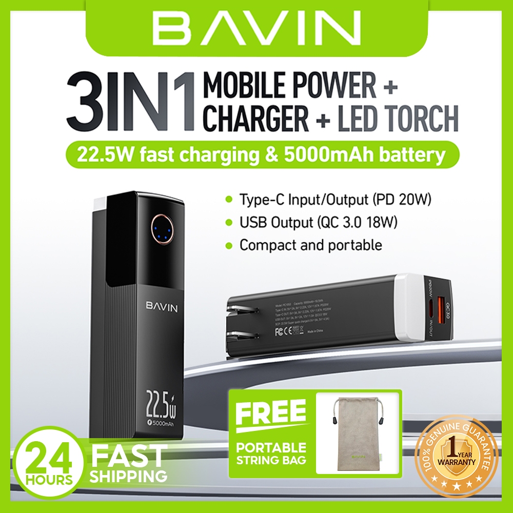 BAVIN PC1053 5000mAh Portable Fast Charging Powerbank 20W Input 22.5W Output & AC Plug (FREE ...