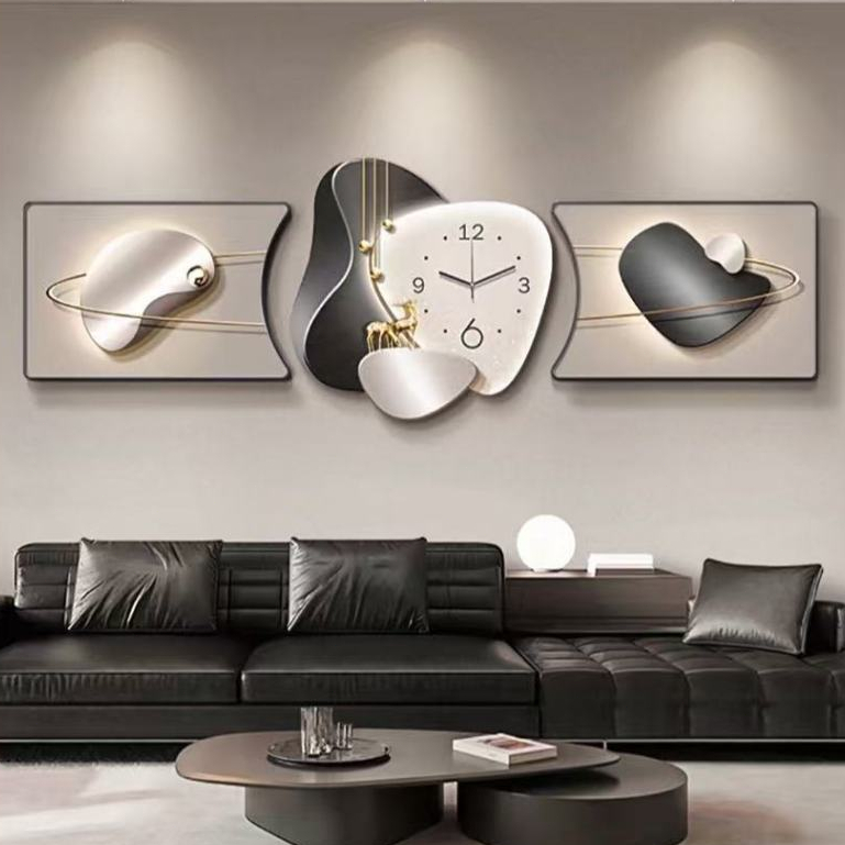 Elegant Wall Clock Decor Painting Luxury living room mural 3pcs set ...