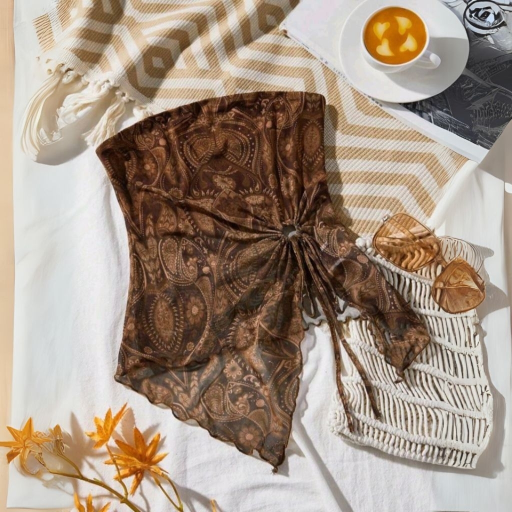 Casual Everyday Knit Brown Mesh Print Cropped Ruffled Hem Tube Top ...