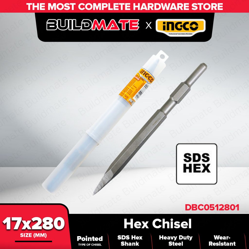 BUILDMATE Ingco SDS Hex Chisel Pointed 17x280mm Concrete Breaker Rock ...
