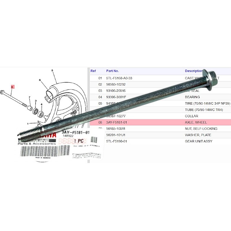 FRONT AXLE MIO NOUVO SNIPER 135 150 3AY-F5181-01 YAMAHA GENUINE ...