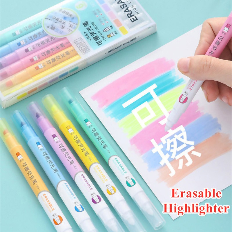 6 Colors Erasable Highlighters Set Double-Ended Pastel Markers for ...
