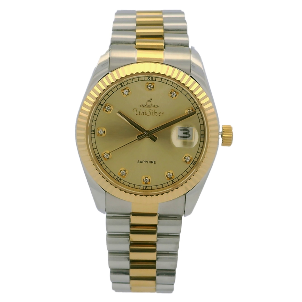 UniSilver TIME Men's Two Tone/Silver Gold Gold Dial w/Stone Analog ...