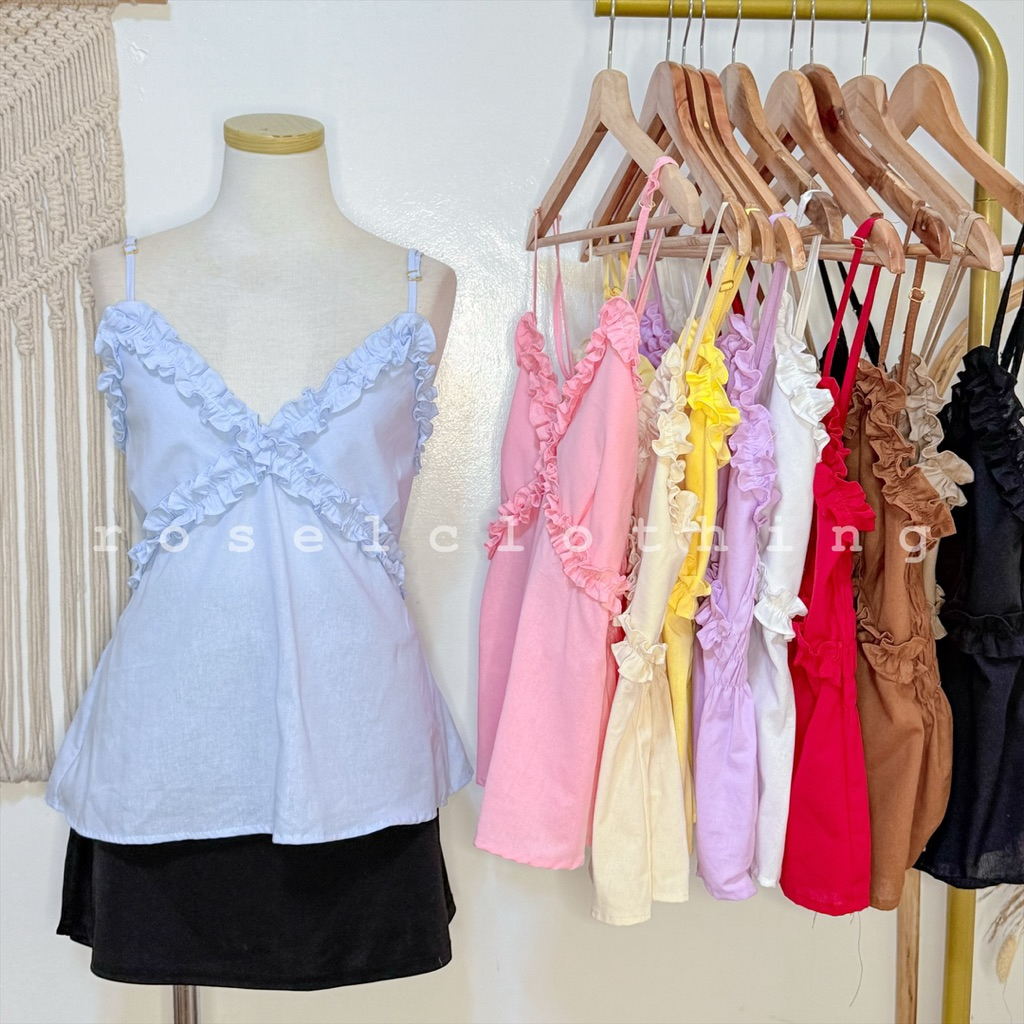 Lindsay Ruffle Deep Vneck Linen Top Adjustable Strap | Shopee Philippines