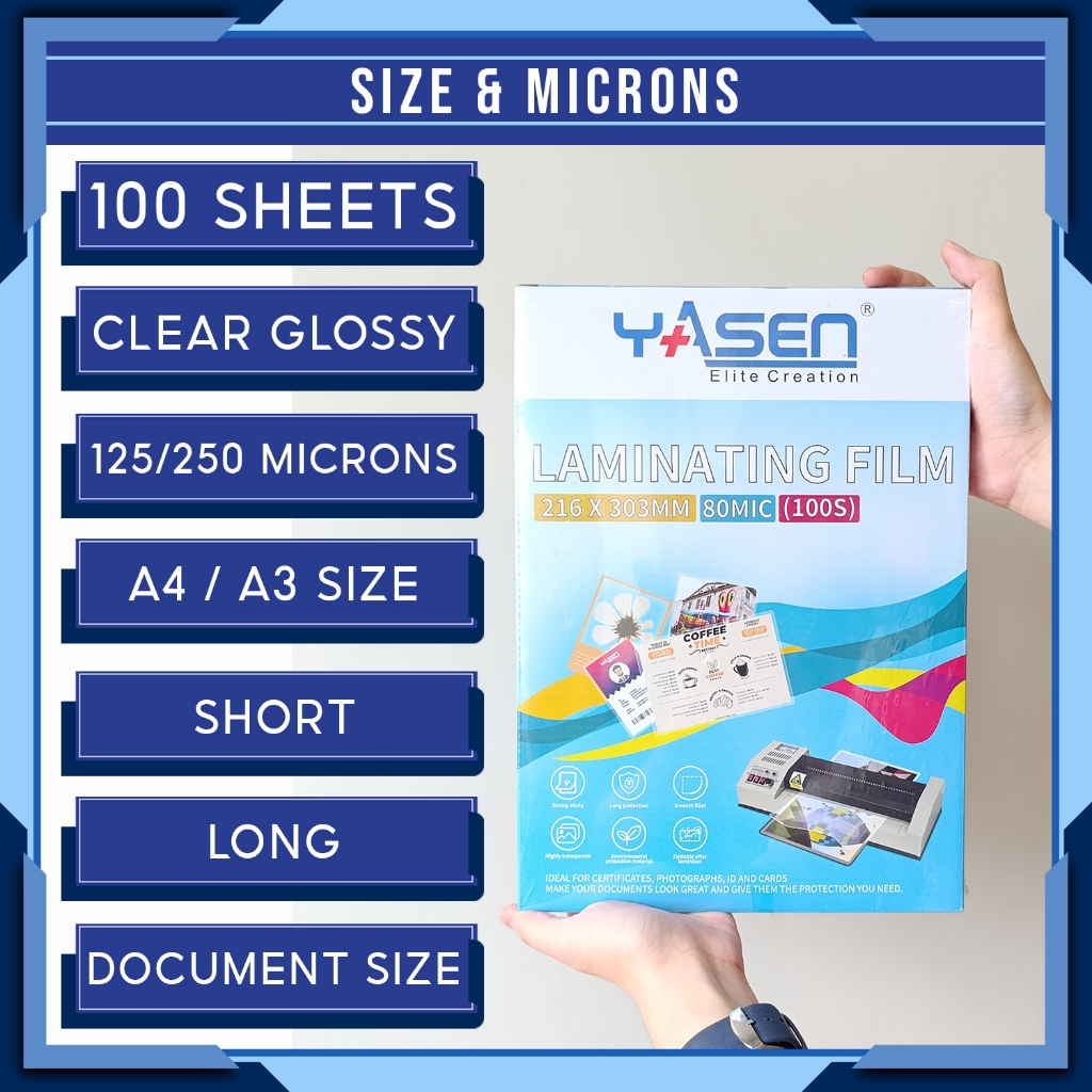 Yasen Laminating Film A4 | Short | Long | A3 125/250 Microns Hot Lamination (100 Sheets ...