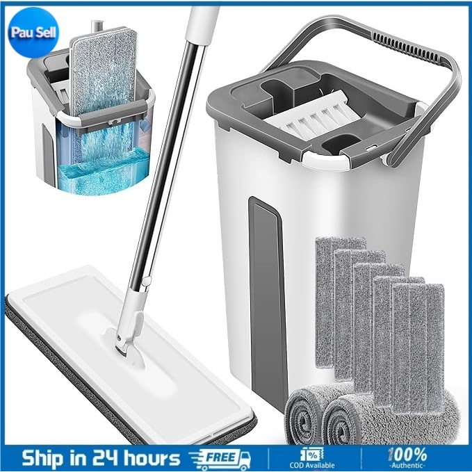 Self Wash Flat Mop 2 in 1 Squeeze Dry Bucket Refill Pads 360 Spin Mop ...