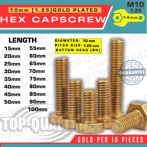 10mm (1.25P) BH Hex Bolt | Gold Plated Capscrew Ordinary | Tetanized ...