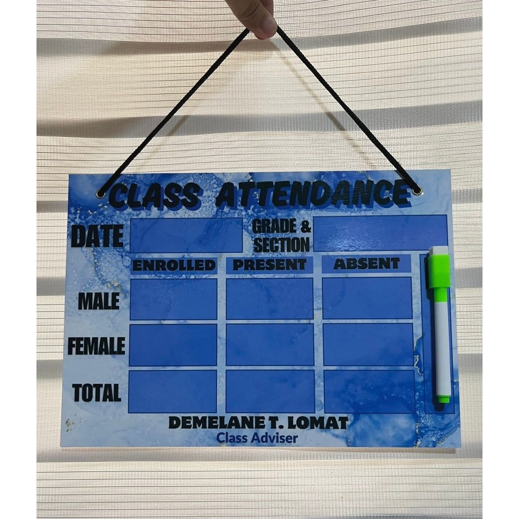 Attendance Chart (A4 Sintra Board) with free mini white board marker. (Please note your name ...