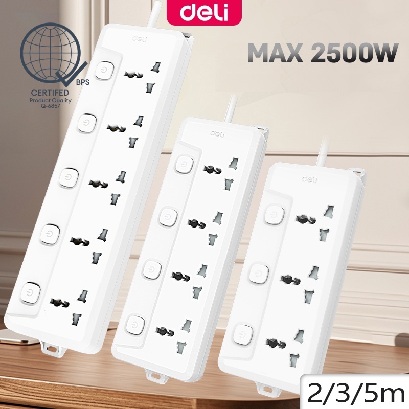 Deli Multi-Function Extension Socket 2/3/5m Sockets With Independent ...