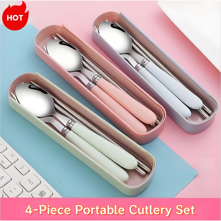 4-Piece Portable Cutlery Set Chopsticks Spoon Fork Set Stainless Steel ...