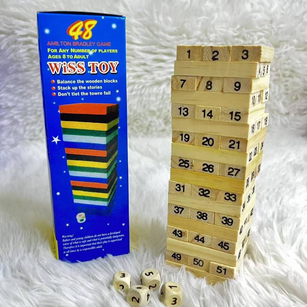 JENGA 18cm Wooden 54 Pcs Domino Stacking Blocks with 4ps Dice - Wiss ...