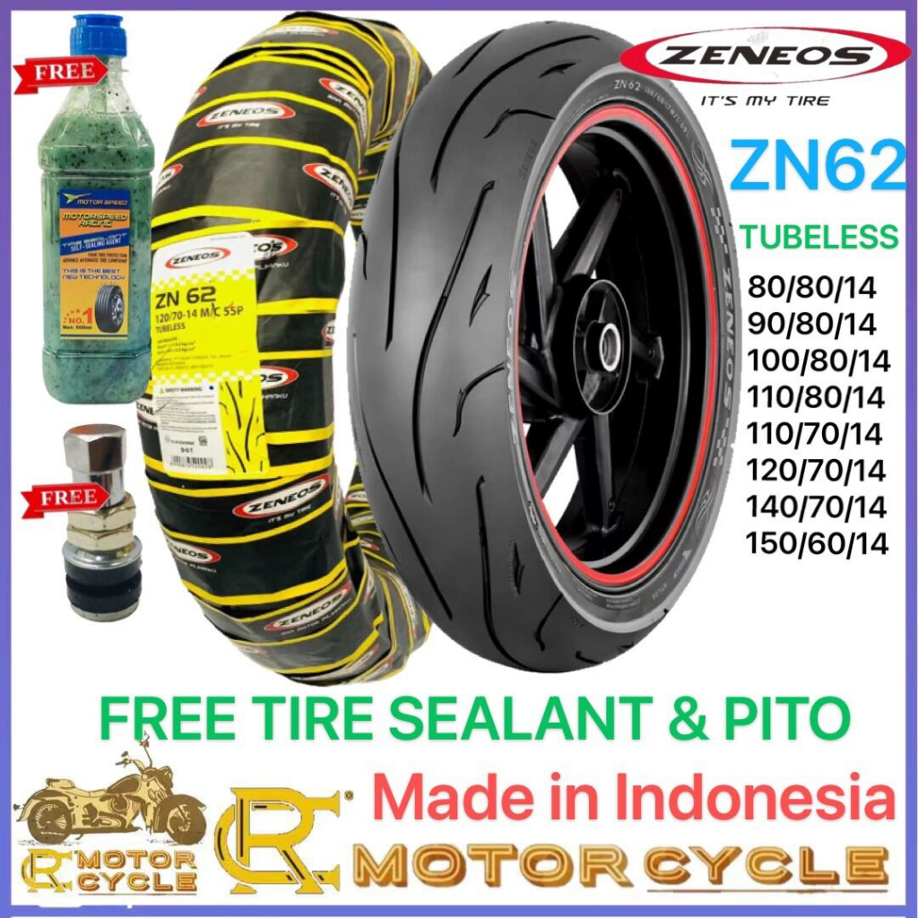 ZENEOS ZN62 MOTORCYCLE TIRE GULONG FREE TIRE SEALANT &PITO TUBELESS 80 ...