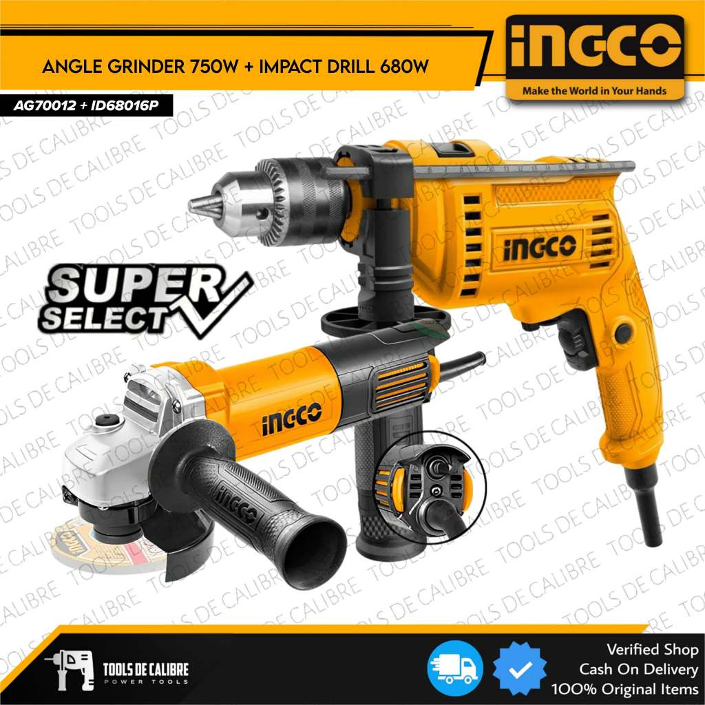 INGCO Power Tool Sets Angle Grinder 750W AG750282 + Impact Drill 680W ...