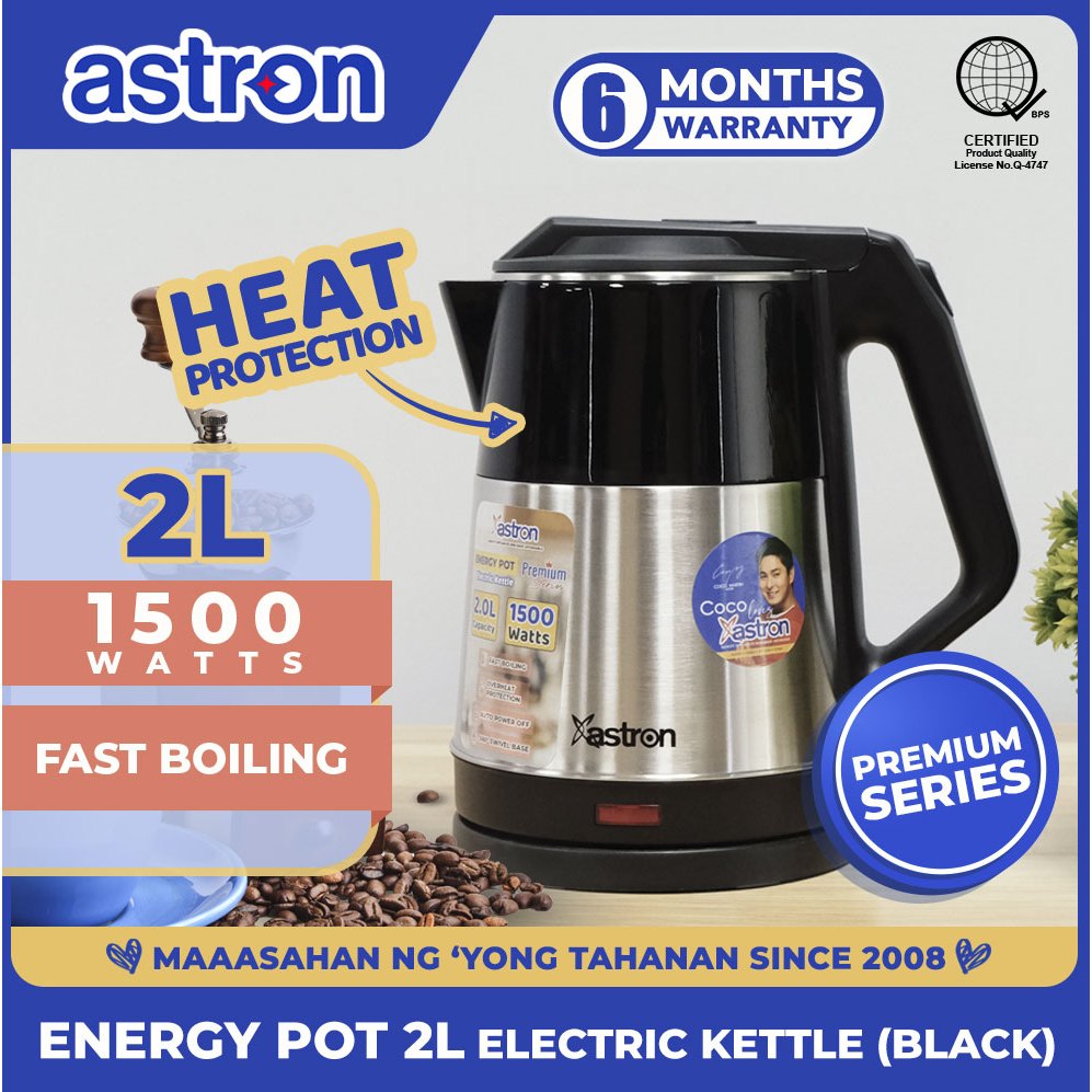 Astron ENERGYPOT Electric Kettle - Black | 2L | Fast Boil | 1500W ...