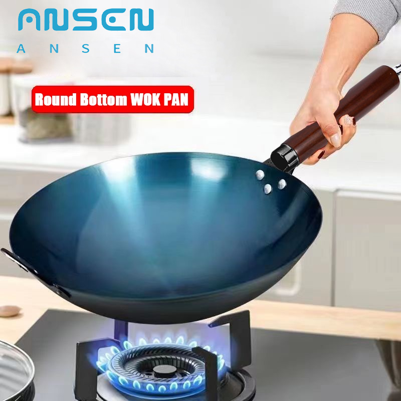 ANSEN Wok Pan Flat Bottom Stir Frying Stainless Steel Non Stick Kawali ...