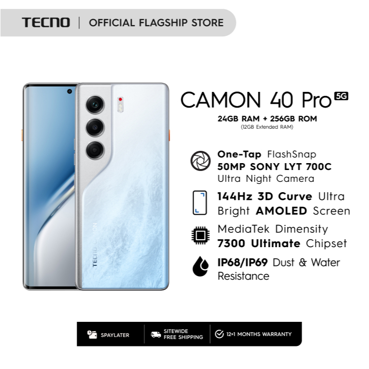 [NEW] TECNO Camon 40 Pro 5G 12GB| SONY 50MP AI Flash Snap | 144Hz ...