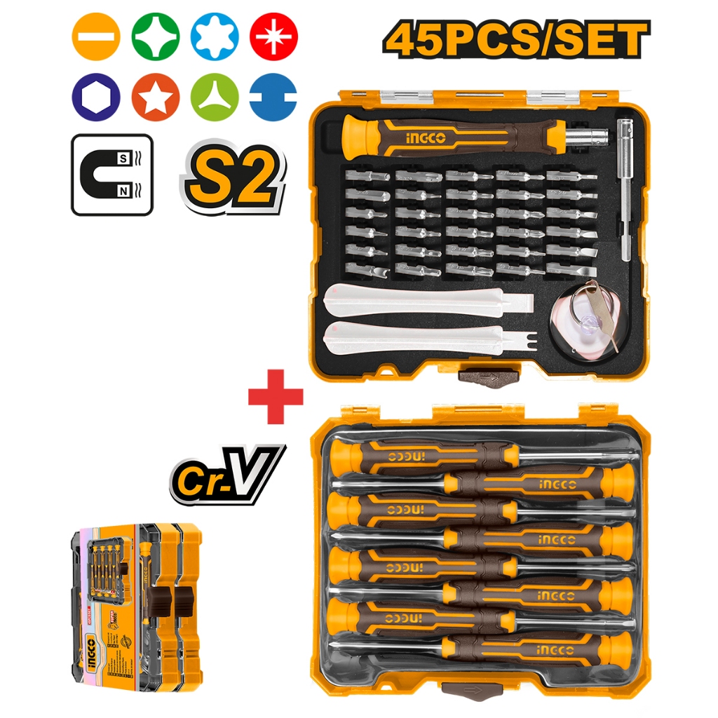 INGCO 45pcs Precision Screwdriver and Bits Set Cr-V & S2 Steel with ...