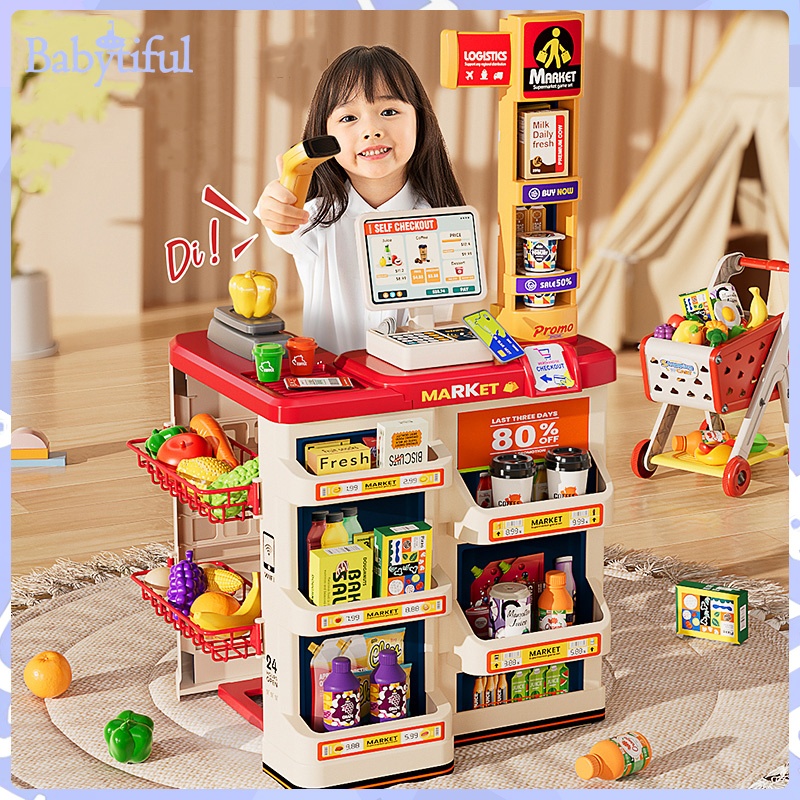 Supermarket Toys Set with Cashier Shopping Cart Mini Mart Accessories ...