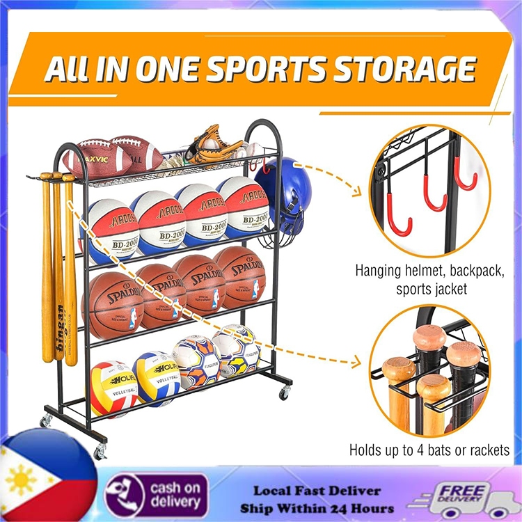 Basketball Storage Rack With Wheel And Hooks Detachable Wheeled Ball ...