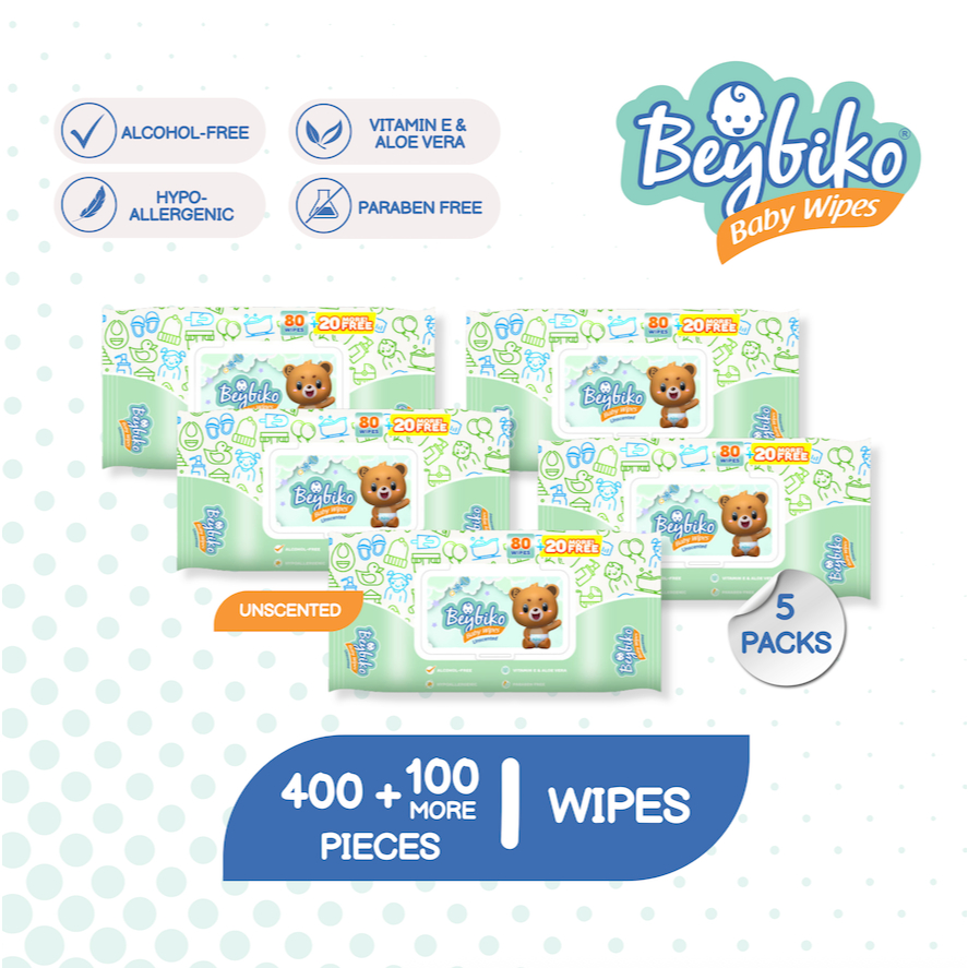Beybiko Baby Wipes Unscented 80 sheets + 20 sheets free X 5 Pack ...