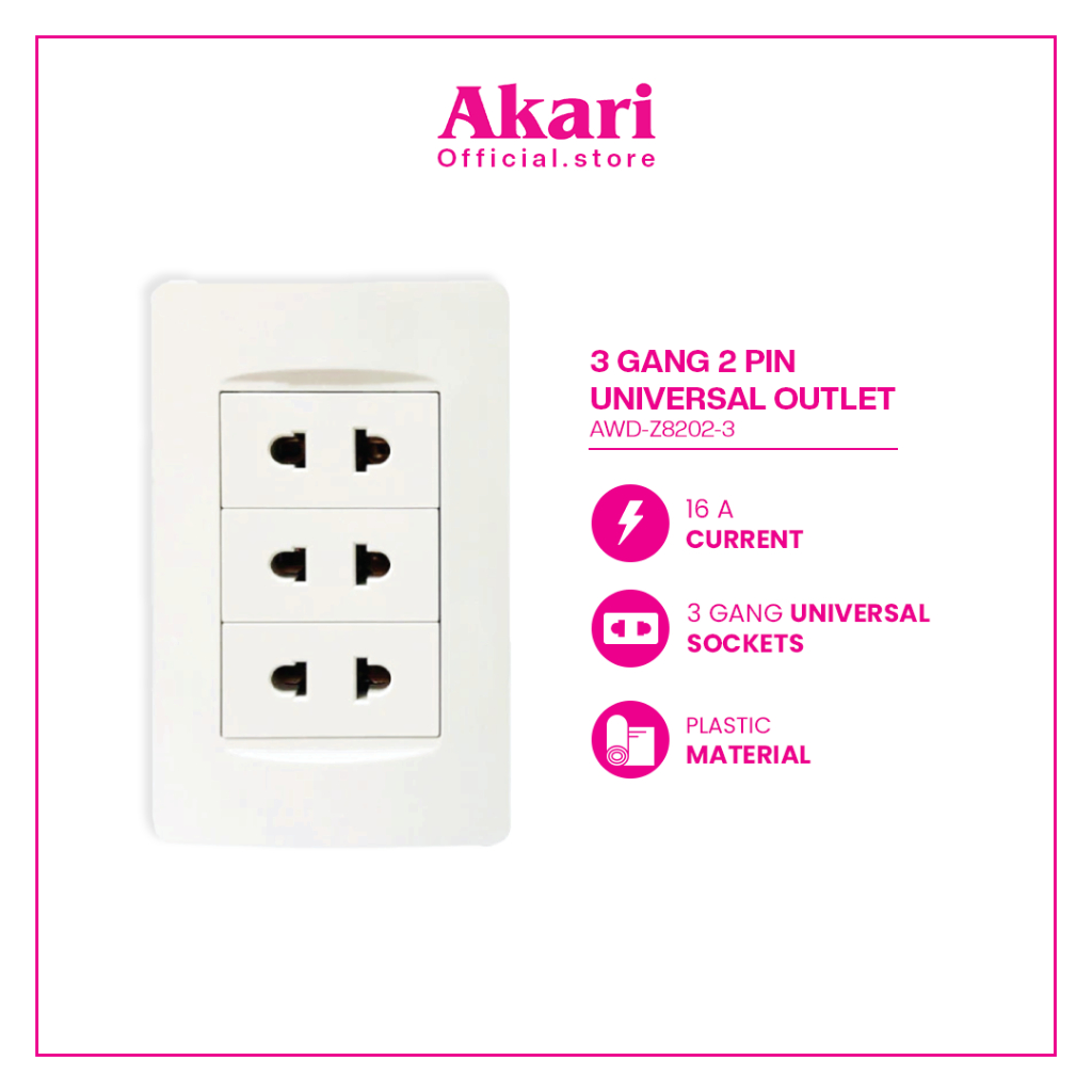 Akari 3 Gang 2 Pin Universal Outlet, 250V, 16A | Shopee Philippines