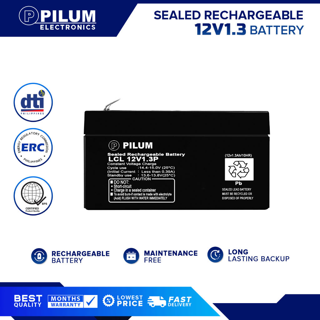PILUM 12V 1.3AH/20HR UPS Sealed Rechargeable Lead Acid Battery 12VOLTS ...