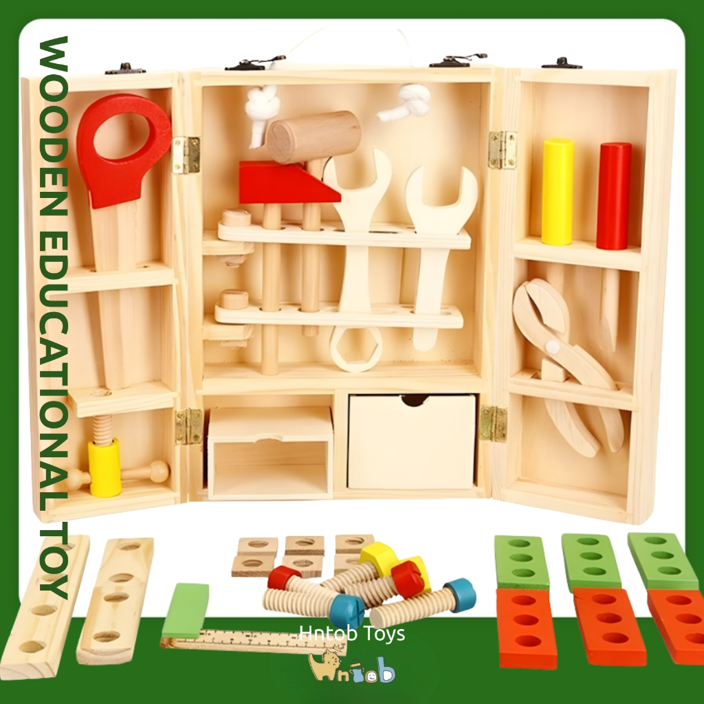 Hntob 43pcs Wooden Portable Toolbox DIY Tools Toys Kids Educational Toy ...
