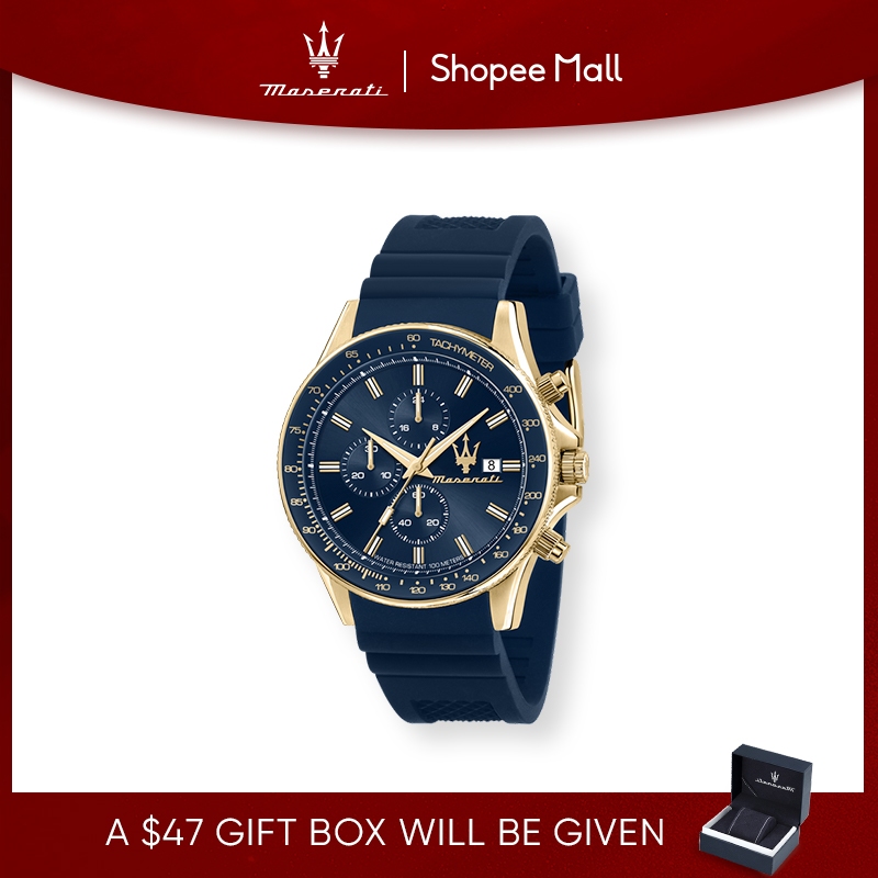 【2 Years Warranty】 Maserati Sfida 44mm Blue Dial Blue Silicone Men's ...