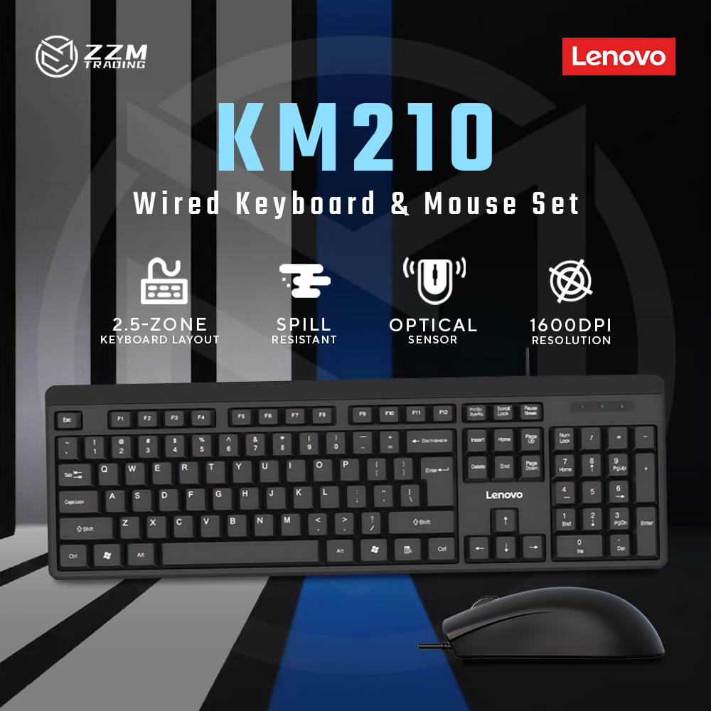 Lenovo KM210 Wired Keyboard Mouse Combo 104 Keys 1200 DPI Resolution ...