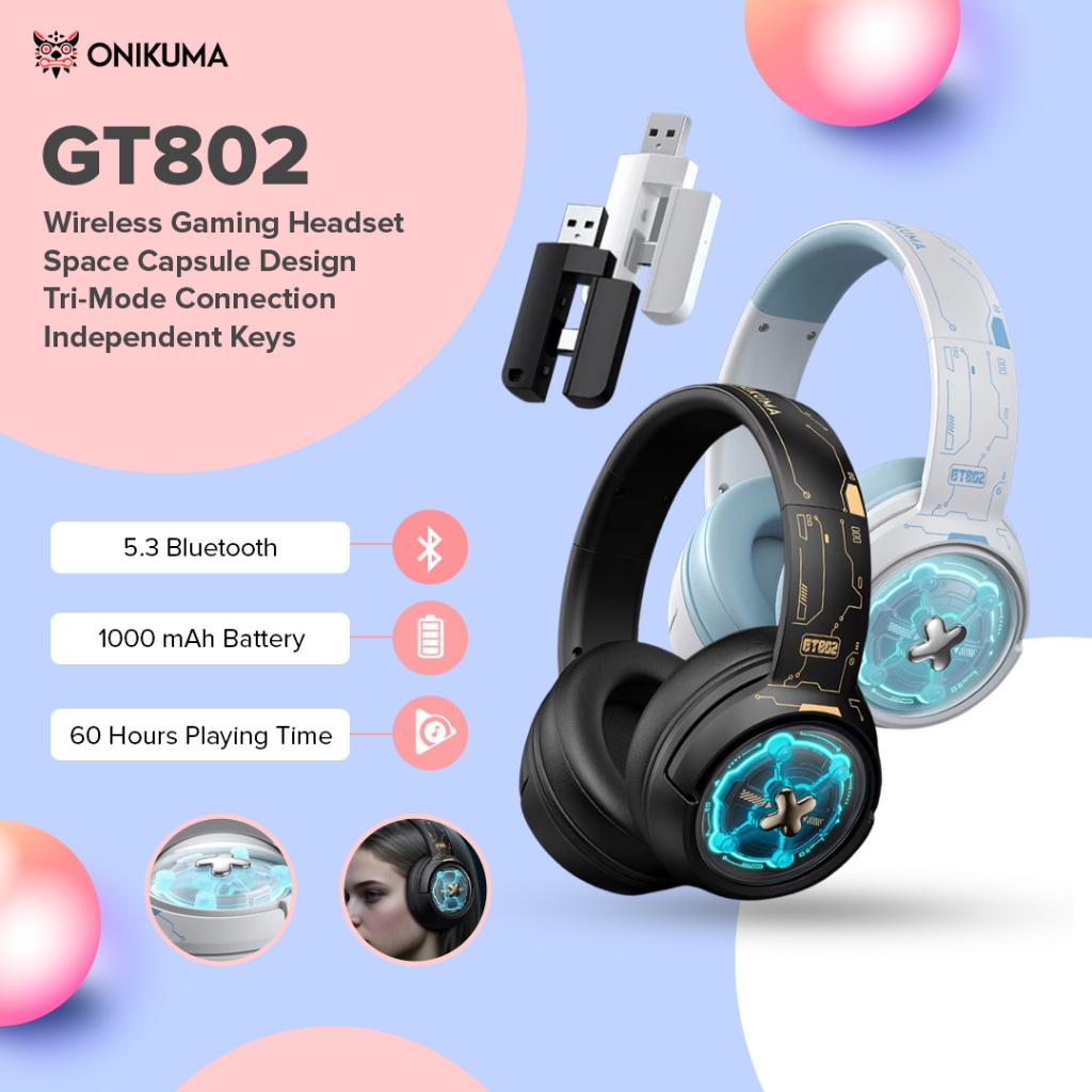 ONIKUMA GT802 Wireless Headphone Stereo 2.4GHz Multi-mode Headset Earphone Over-head Wireless ...