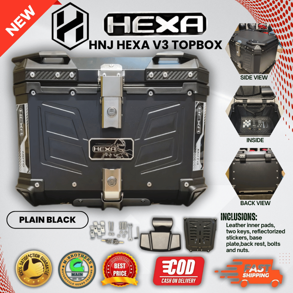 HNJ Hexa V3 Alloy - 45L Motorcycle Top Box Free Baseplate and Backrest ...