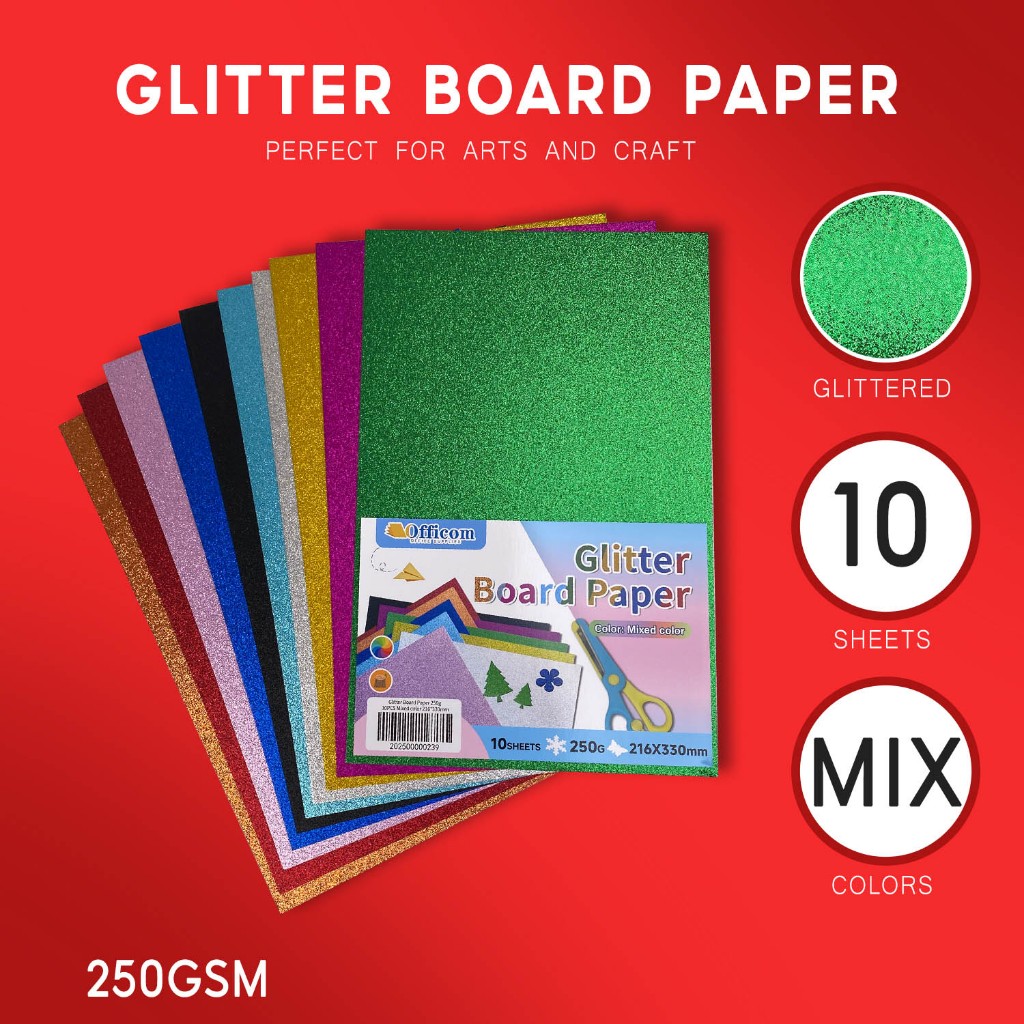 Officom 10pcs Glitter Board Paper Sheets – 250GSM A4 Size Craft Sheets ...