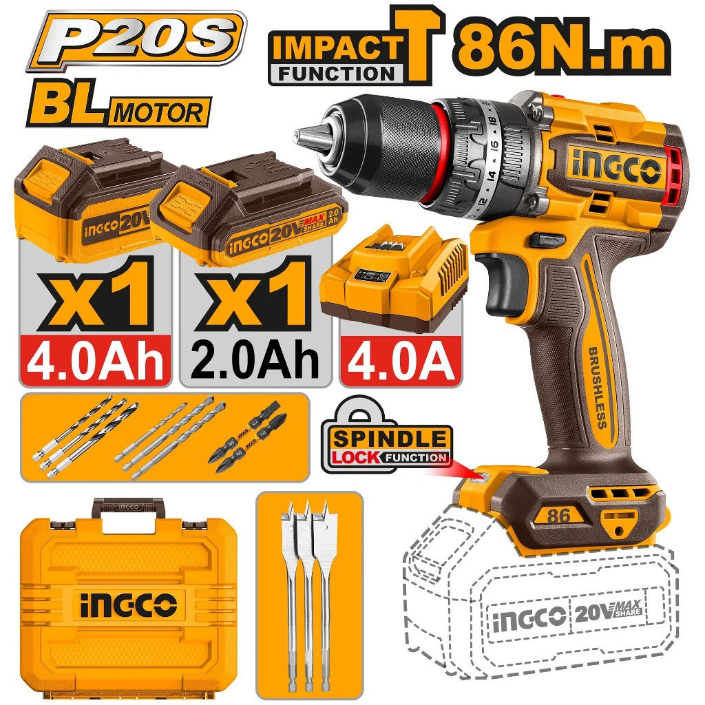 Ingco by Winland P20S/20V Lithium-Ion Brushless Cordless Impact Drill ...