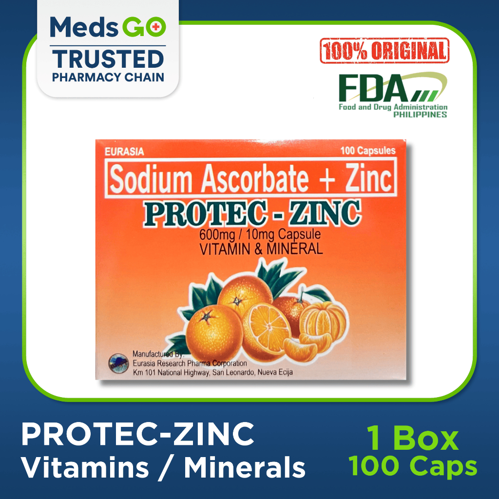 PROTEC-ZINC Ascorbic Acid as SODIUM ASCORBATE + ZINC - 1 Box x 100 Caps ...