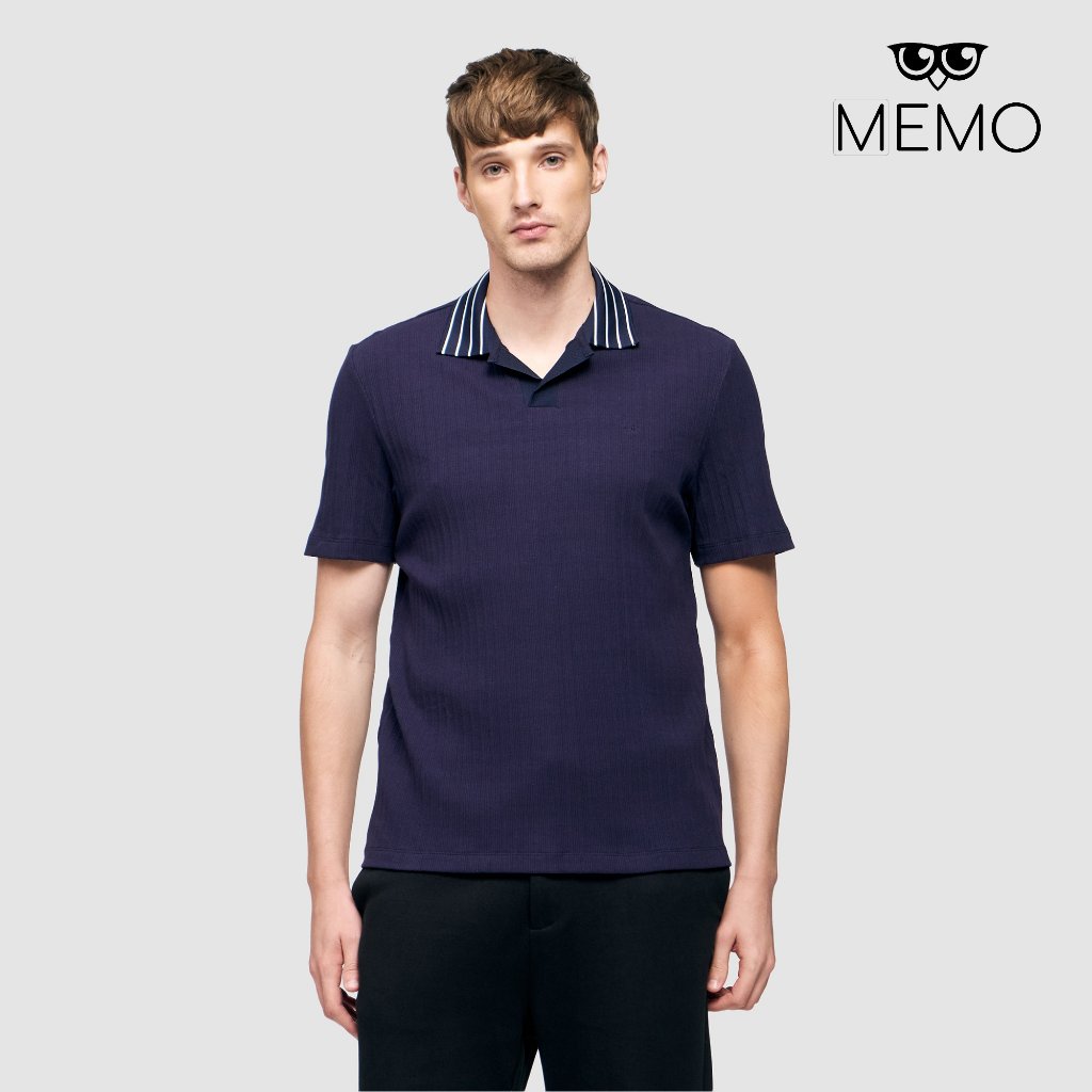 Memo Textured Knit Polo with Striped Collar For Men (Navy Blue/Off ...
