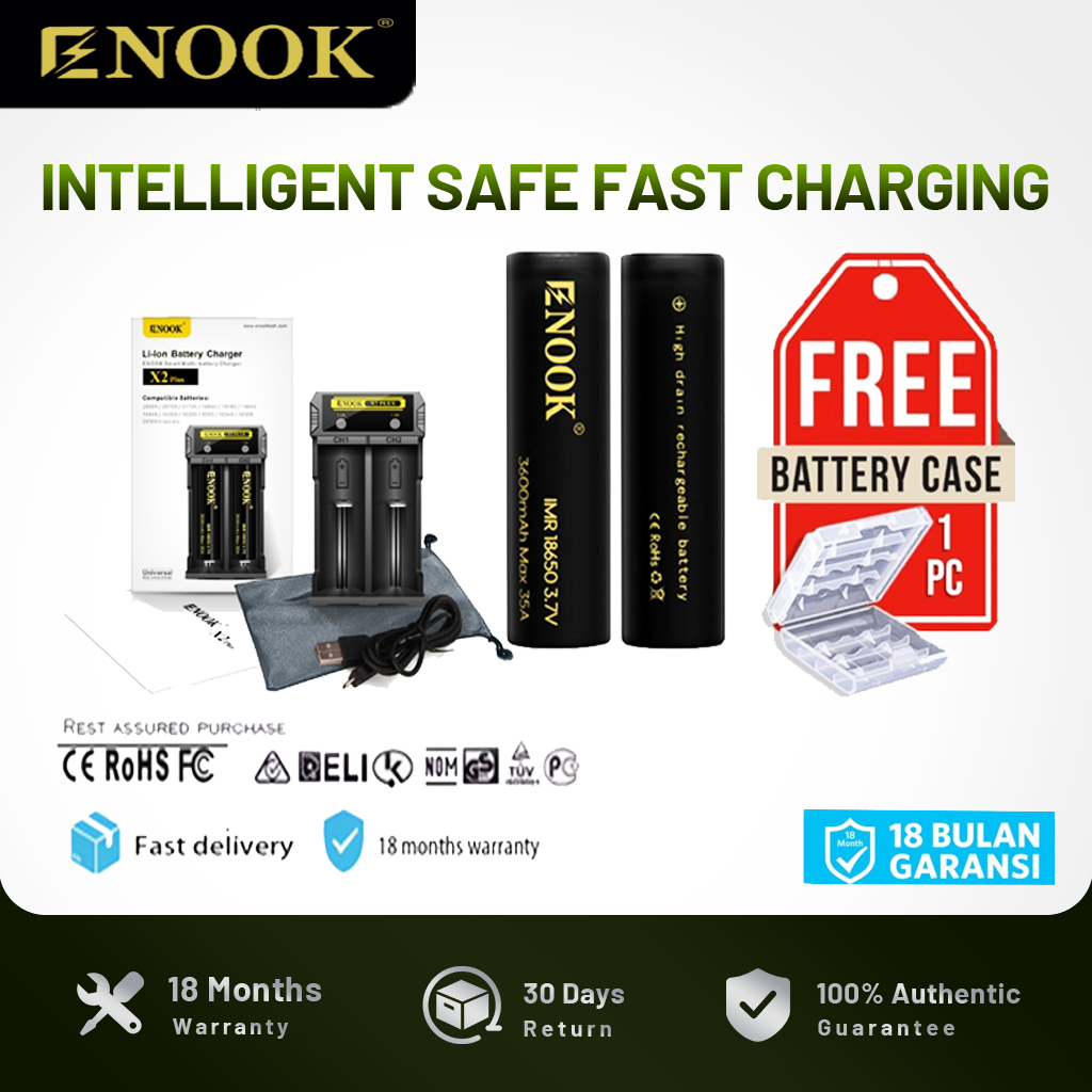 ENOOK 2PCS Rechargeable Battery 18650 3600mAh 3.7V Li-ion Flat 30A ...