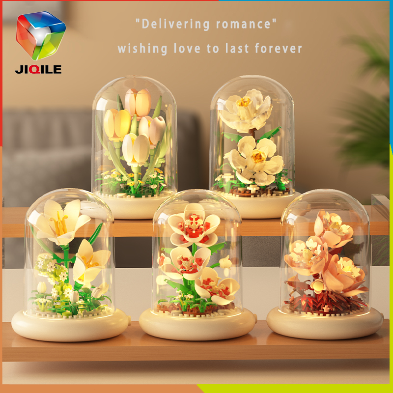 Eternal Flower with LED Building Blocks Bouquet Toys Glass Cover Gift ...