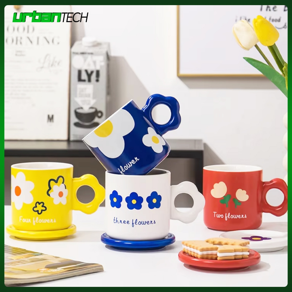 Floral Design Ceramic Mug with Colorful Lid & Coaster 330 ML Charming ...