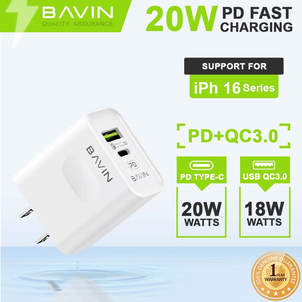 BAVIN PC836 20W Fast Charger PD+QC 3.0 Dual Port Smart Charging Adapter Supports iPh 16 | Shopee ...